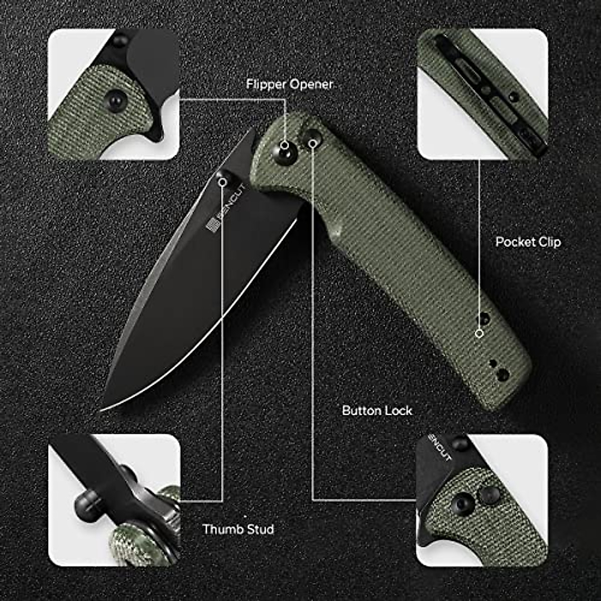 SENCUT Sachse Pocket Knife Folding Knife for EDC, Green Micarta Handle Black Stonewashed 9Cr18MoV Blade Foldable Small Knife with Clip, Button Lock Everyday Carry Knife for Men Women, Lightweight for Indoor Outdoor Gift S21007-2