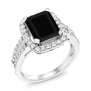 Gem Stone King 925 Sterling Silver Black Onyx Engagement Ring For Women (3.75 Cttw, Emerald Cut 10X8MM, Gemstone Birthstone, Available in size 5, 6, 7, 8, 9)