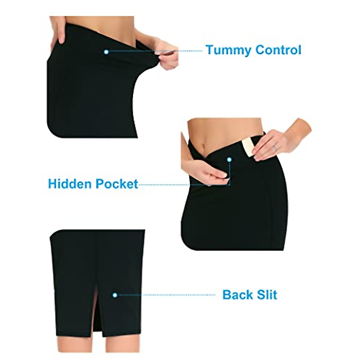 THE GYM PEOPLE Women's High Waist Tummy Control Pencil Skirts Stretchy Bodycon Midi Skirt Below Knee with Back Slit Black