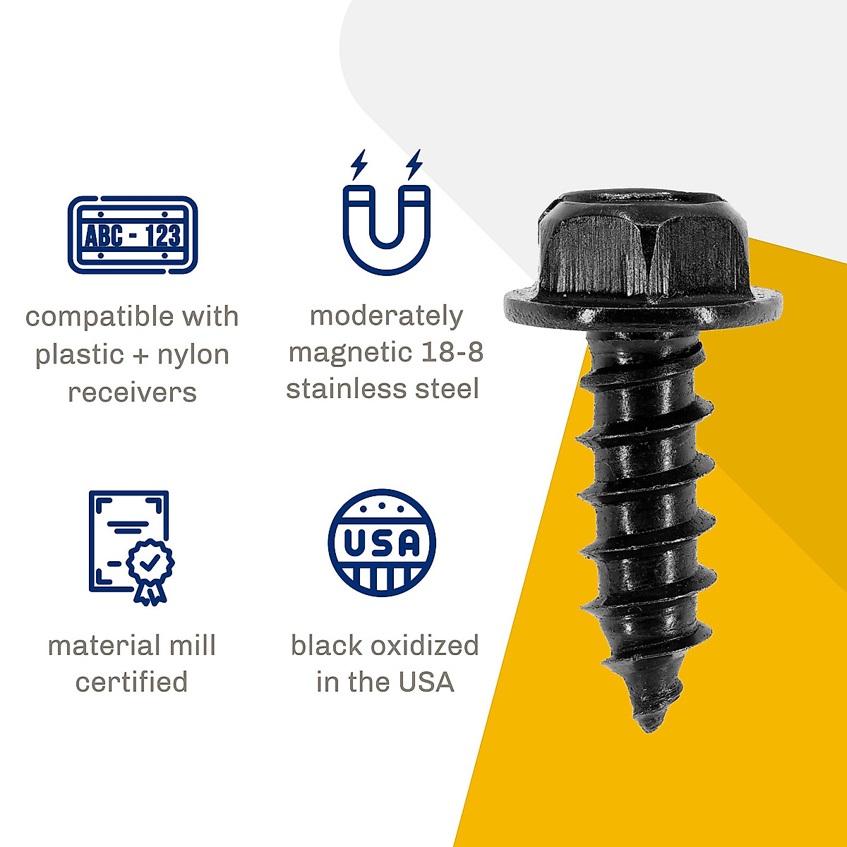 Black License Plate Screws, Rustproof 18-8 Stainless Steel, Black Oxide Finish Applied in The USA by Makers Bolt (Pack of 4)