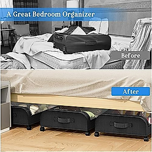 Under Bed Storage with Wheels and Lids, Rolling Underbed Storage Containers, Metal Under the Bed Shoe Storage Organizer with Bag Cover, Under Bed Storage Drawer Bins for Clothes Shoes(2 Pack Black)