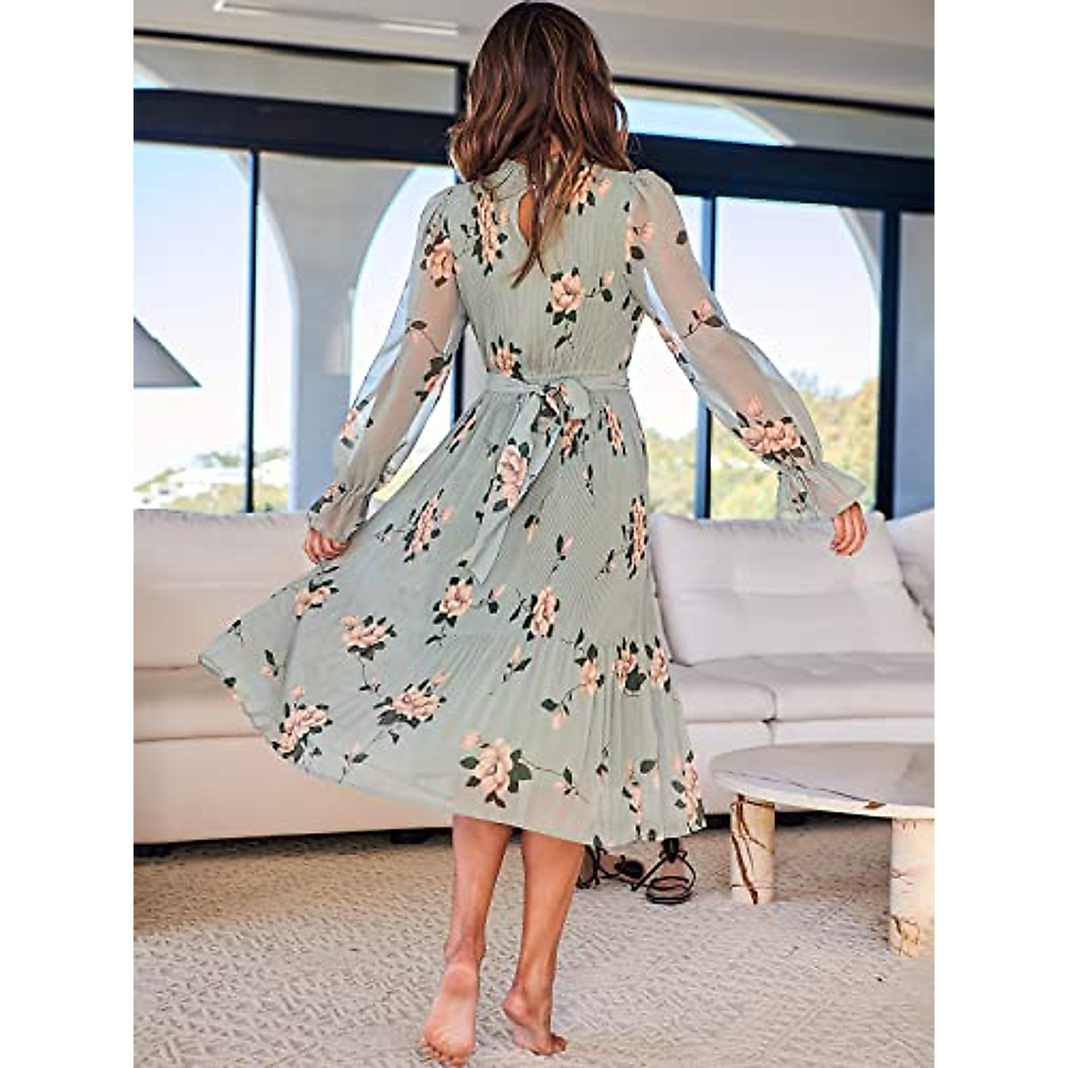 ANRABESS Women's Ruffle Midi Dress Floral Print Round Neck Long Sleeve Smocked Chiffon Dress A-Ling Swing Pleated Casual Dress 676luochenghua-S
