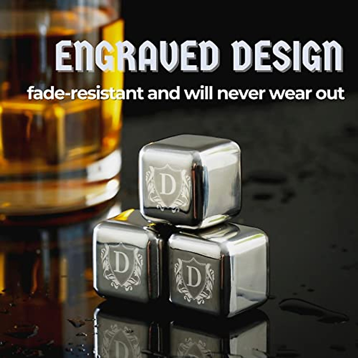 Whiskey Stones Gifts Set with Initial for Men & Women, 4pcs Stainless Steel Whiskey Rocks with Pouch and Tong, Chilling Ice Cubes Initial Gifts for Whiskey Lovers, Dad, Mom, Grandpa, Uncle - A