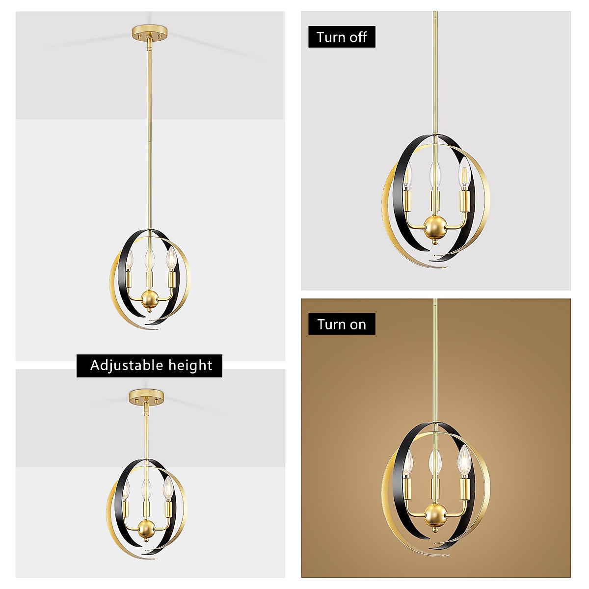 VIOLOEMI Black and Gold Pendant Light, Modern Globe Chandeliers for Dining Room, Adjustable Height 3-Light Farmhouse Foyer Hallway Entryway Kitchen Island Lighting Fixtures(Bulb Not Included)