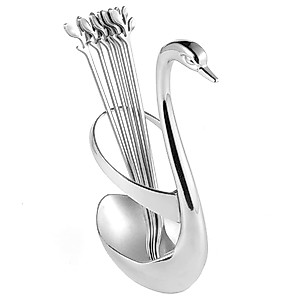 AnSaw Large Silver Swan Base Holder With 12 Pcs Silver Stainless Steel 7.4-Inch Leaf Coffee Spoons Set