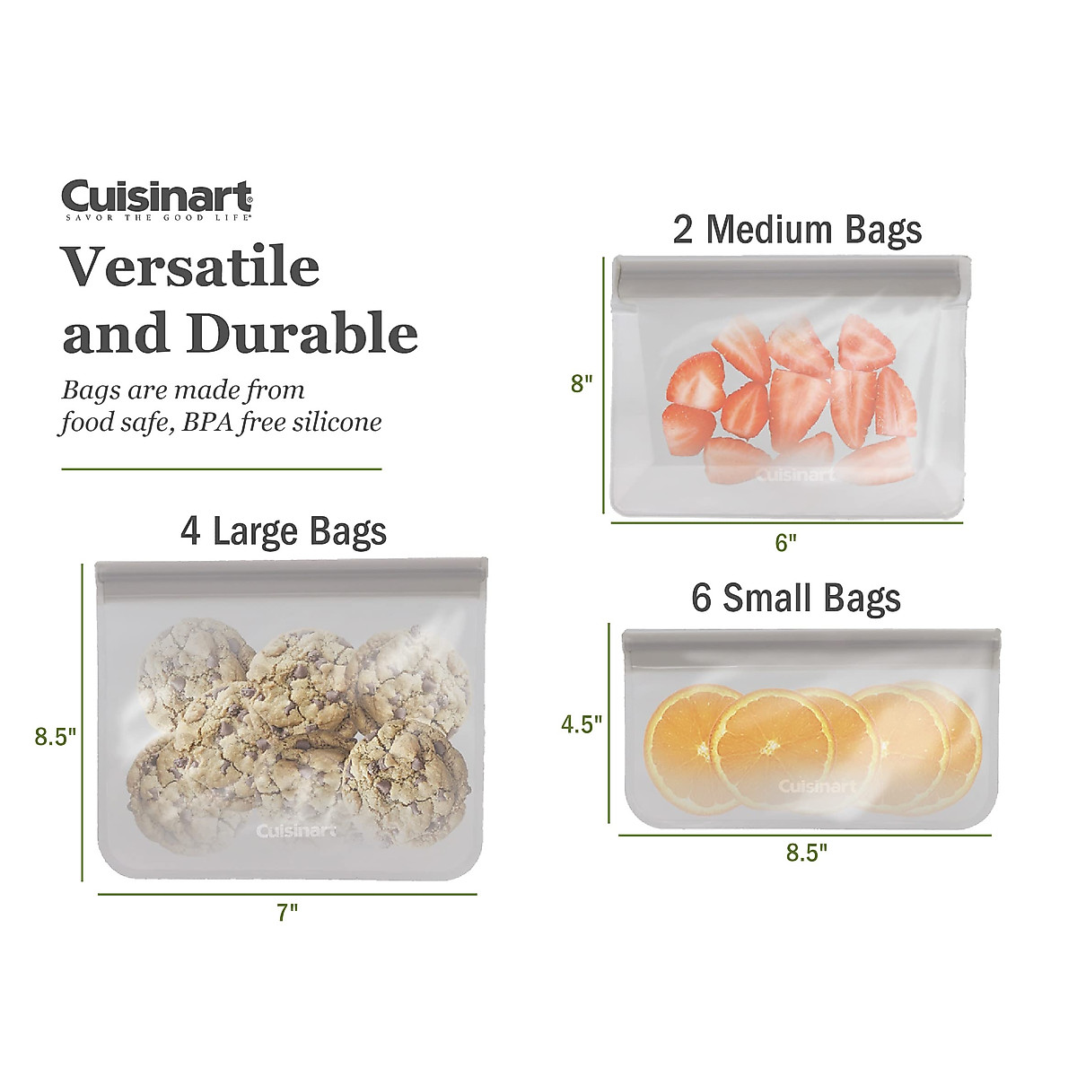 Cuisinart Reusable Food Storage Bags, 12 Pack Gray - Resealable Bags for Food, Leftovers, & Snacks to Store, Freeze or Refrigerate - BPA Free Flat Freezer Bags - Includes Small, Medium & Large