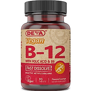 DEVA Vegan Vitamin B12 Fast Dissolve Supplement - Once-Per-Day Complex with 1000 Mcg Methylcobalamin B12, Folic Acid, B6 - Lemon Flavor - 90 Dissolvable Tablets,