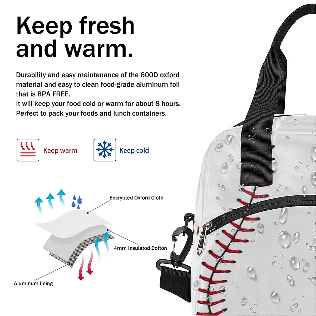 Baseball Lunch Bag for Women Men Insulated Reusable Lunch Box with Adjustable Shoulder Strap Cooler Tote Bag for School Work Picnic Beach Hiking