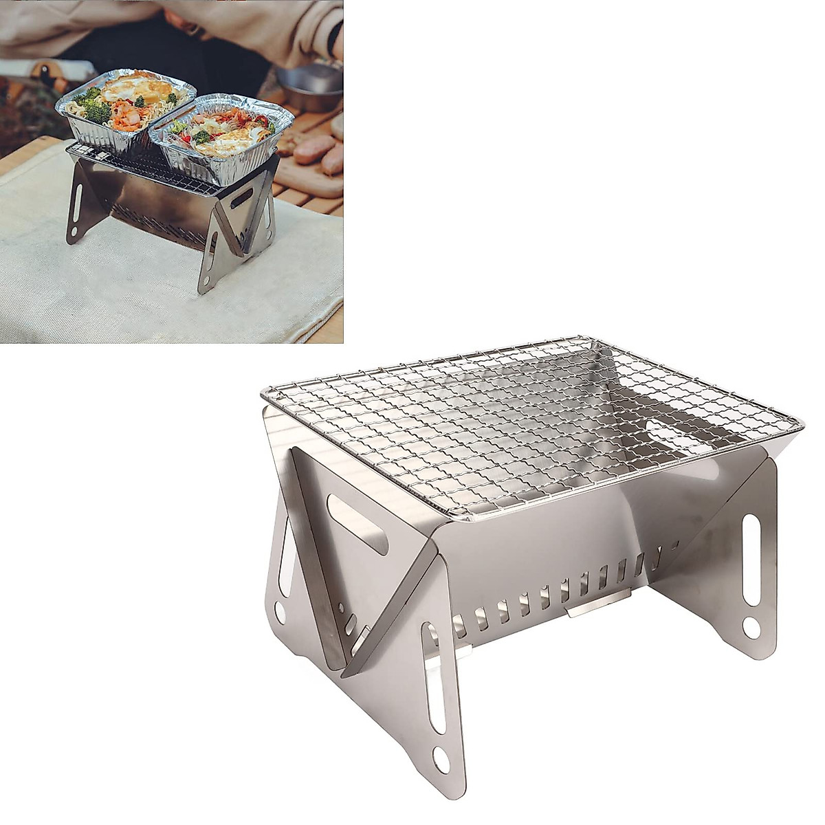 Topyond Foldable BBQ Grill, Portable Stainless Steel Charcoal Grill with Ventilation Holes, Heat Resistant Campfire Grill for Outdoor Cooking, Camping, Patio Use