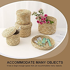Storage Basket Straw Woven Storage Baskets with Lid Round Sundries Basket Gift Basket Desktop Storage Organizer for Vanity Cabinet Office 14x13cm Woven Storage Basket
