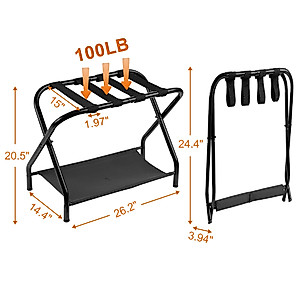 Heybly Luggage Rack,Pack of 2,Steel Folding Suitcase Stand with Storage Shelf for Bedroom, Hotel, Foldable Steel Frame, Guest Room Bedroom Hotel, 26.2" L x 14.4" W x 20.5" H, Black,HLR004B2