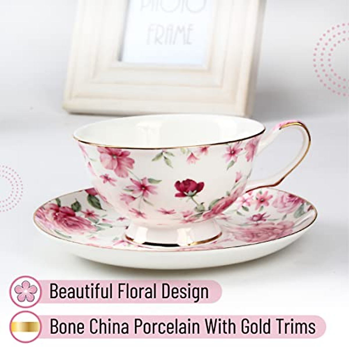 BTaT- Tea Cups, Tea Cups and Saucers Set of 6, Tea Set, Floral Tea Cups (8oz), Tea Cups and Saucers Set, Tea Set, Porcelain Tea Cups, Tea Cups for Tea Party, Rose Teacups, China Tea Cups (Bone China)