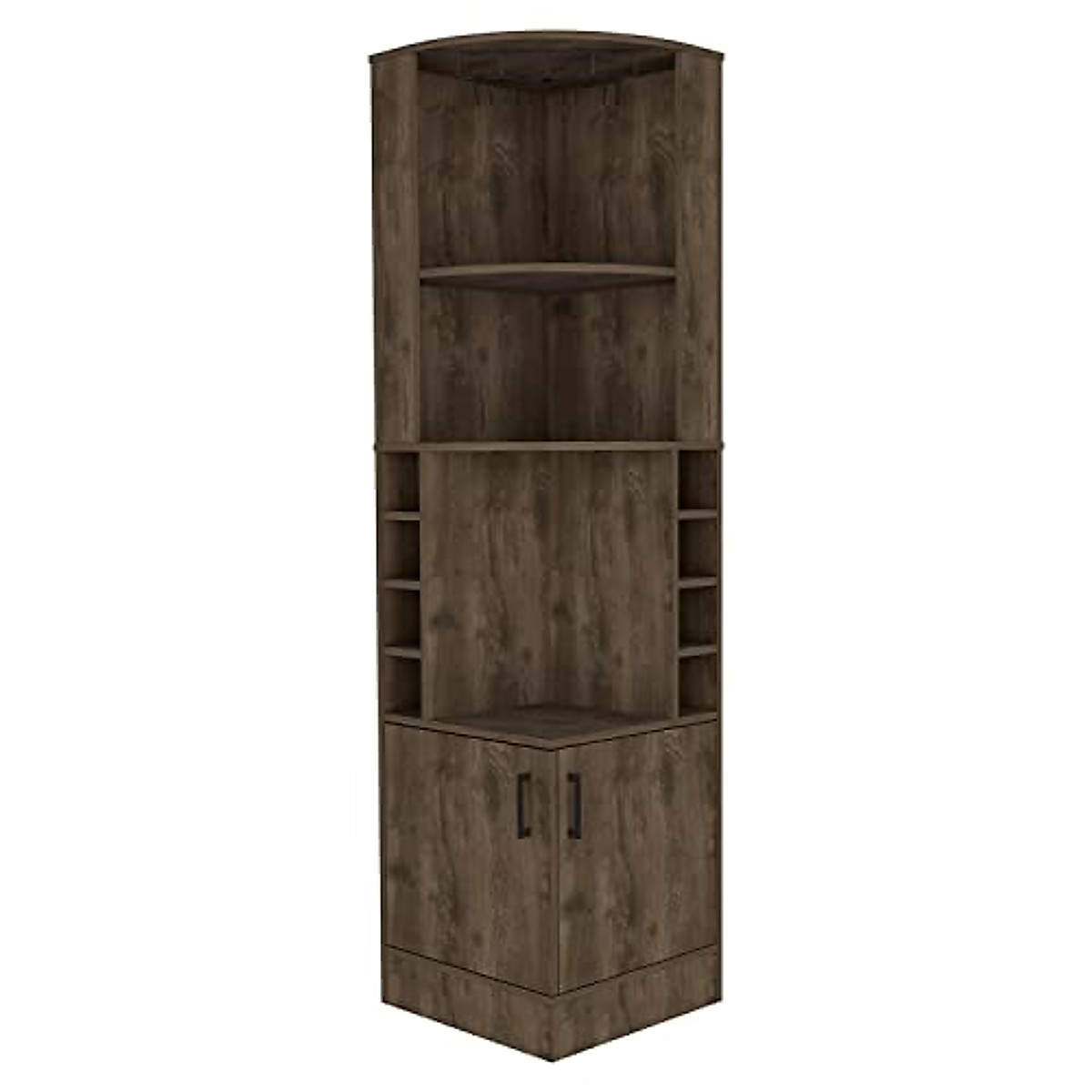 Tuhome Syrah Corner Bar Cabinet with 8 Wine Cubbies, 2 Cabinets, 2 Open Shelves, and Glass Rack, Dark Brown