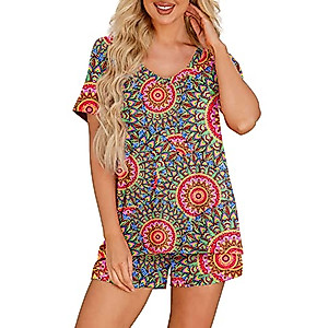 PrinStory Women's Pajama Set Short Sleeve Shirt and Shorts Sleepwear Pjs Sets with Pockets FP-Peacock Blue-Large