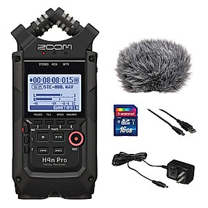 Zoom H4n Pro All Black 4-Track Portable Recorder (2020 Model) with Zoom AD-14 AC Adapter, Windbuster, 16GB Memory Card & USB Cable Bundle