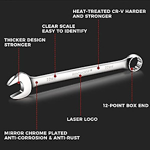 ROCHOOF Combination Wrench Set,32-Piece Chrome Vanadium Steel Wrench Set 12-Point SAE & Metric Wrenches 1/4"-1" and 7-22mm with Rolling Pouch