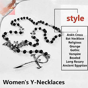 Ankh Cross Bat Necklace Religious Grunge Gothic Vampire Black Long Rosary Beaded Ancient Egyptian Necklace for Women