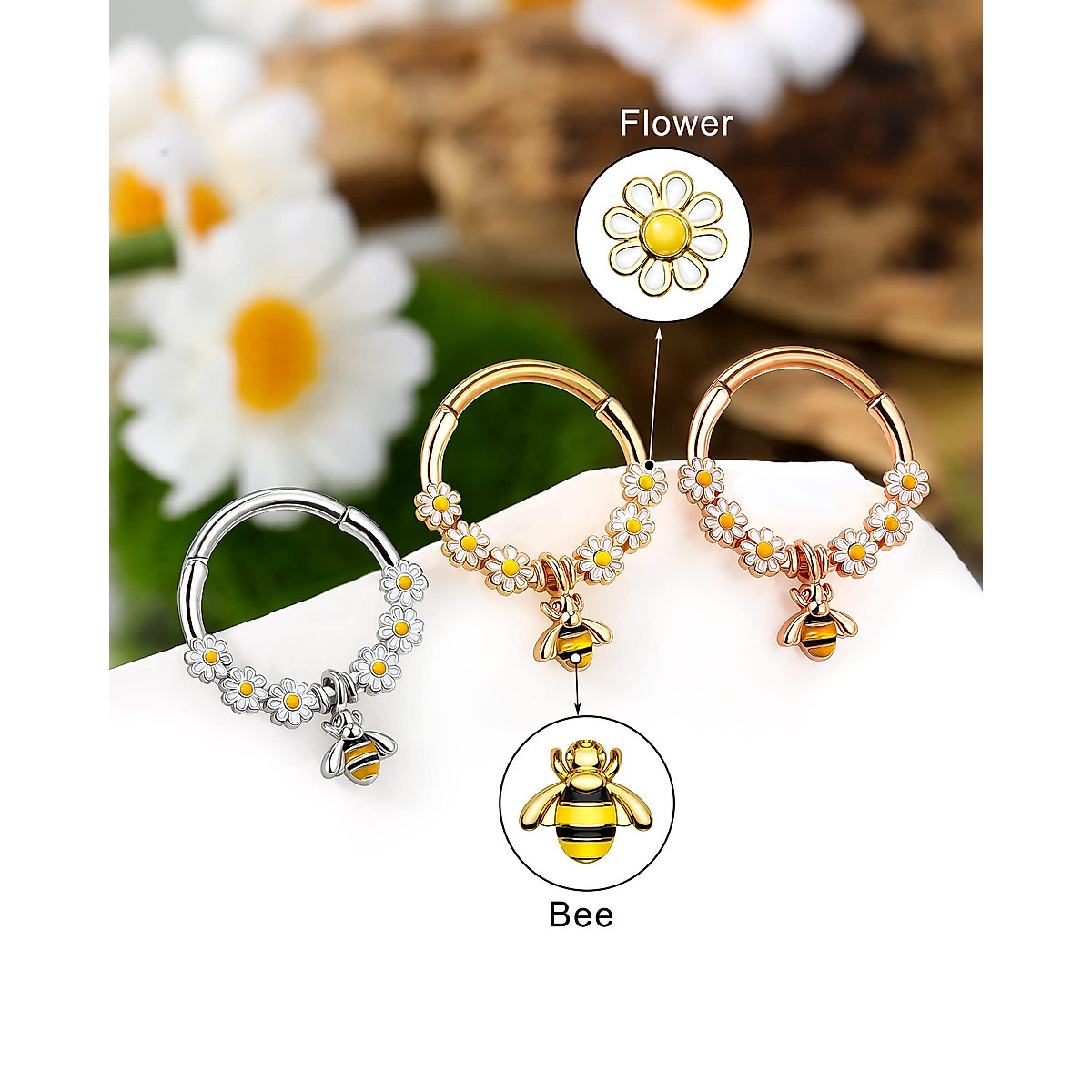Melighting Bee Septum Rings 16G Dangle Septum Jewelry Stainless Steel 316L Flower Septum Ring Cute Daith Earrings Helix Earring Cartilage Tragus Piercing for Women
