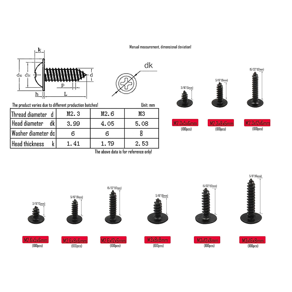 LBY 900pcs M2.3 M2.6 M3 Truss Head Self Tapping Screws, Wafer Head Screws, Pan Head with Washer Screw 9 Sizes Self Tapping Screws Assortment Kit, Carbon Steel (Blacking)