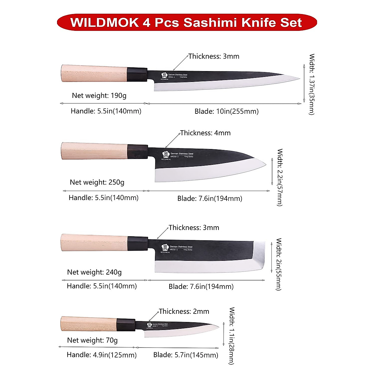 WILDMOK Knife Set of 4 GYUTO Sushi Chef Knives-Yanagiba-Deba-Nakiri-Utility Kitchen Knife, Fish Slicing Filleting Knife Sets with German Steel Blade & Traditional Wooden Handle