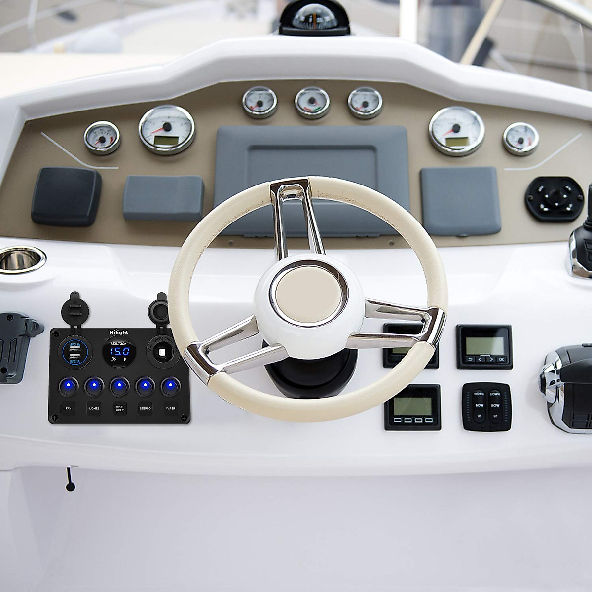 Nilight 90101E 5Gang Multi-Function 5 Gang Rocker Dual USB Charger + Digital Volmeter +12V Outlet Pre-Wired Switch Panel with Circuit Breakers for RV Car Boat Truck Trailer,2 Years Warranty,Blue