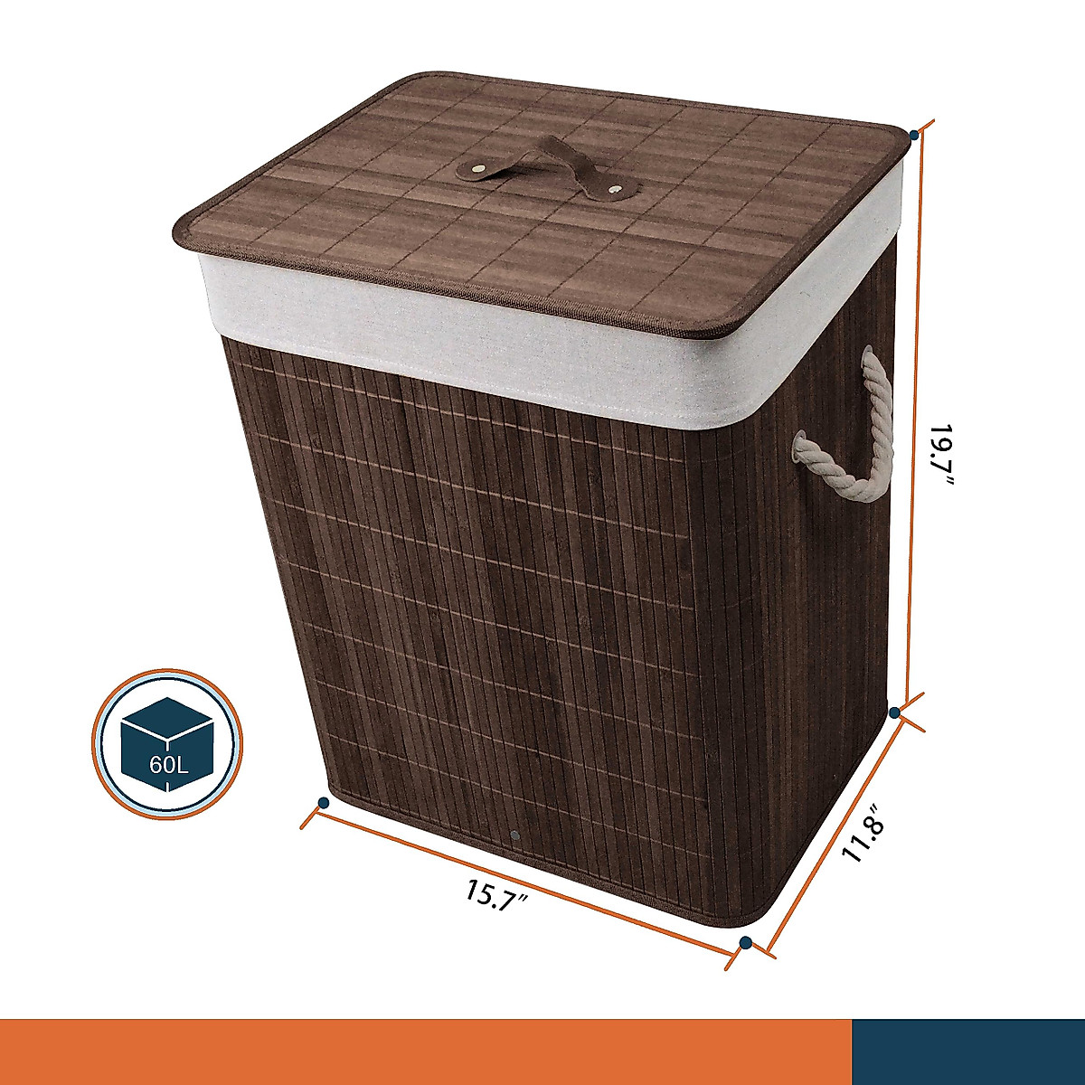 BEEBAON 60L Laundry Basket with Lid, Collapsible Laundry Hamper with Removable Liner Bag, Bamboo Washing Basket with Cotton Handles and PU Handle