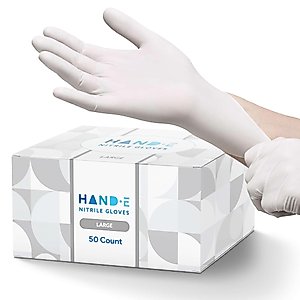 Hand-E Touch White Nitrile Disposable Gloves Large, 50 Count - Food Prep, Salon, Hair Dye, Esthetician, Kitchen Gloves - Powder and Latex Free Rubber Gloves