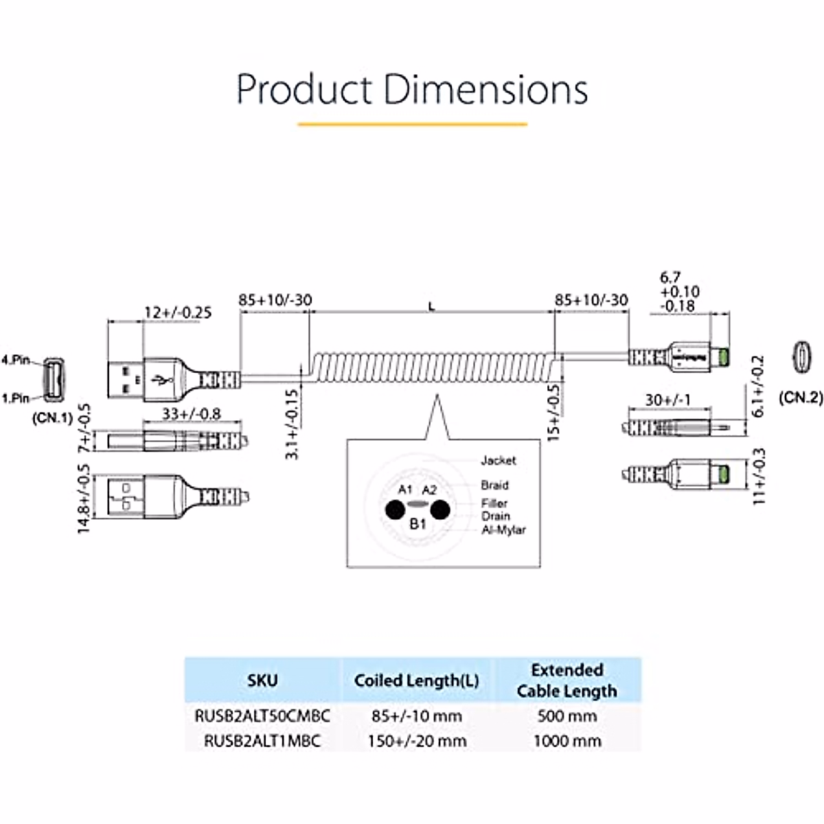 StarTech.com 50cm (20in) USB to Lightning Cable, MFi Certified, Coiled iPhone Charger Cable, Black, Durable TPE Jacket Aramid Fiber, Heavy Duty Coil Lightning Cable (RUSB2ALT50CMBC)