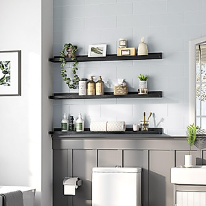 HOOBRO Floating Shelves, Wall Shelf Set of 3, 35.4 Inches Hanging Shelf with Raised Edge and Invisible Brackets, for Bathroom, Bedroom, Kitchen, Office, Living Room Decor, Black BK90BJ01