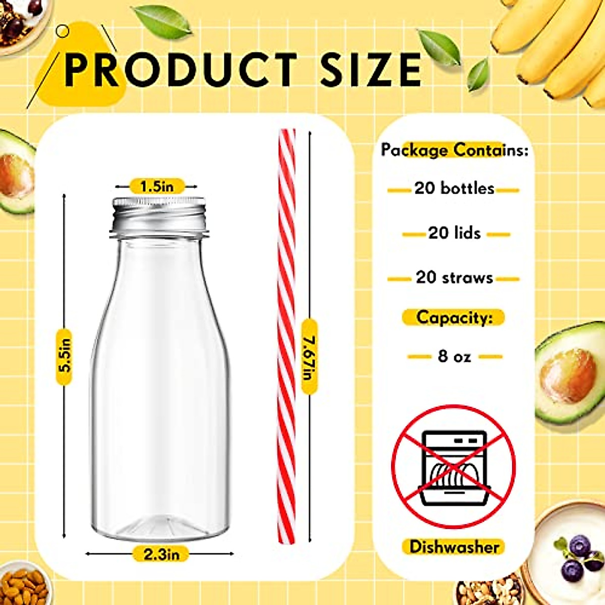 Yinkin Set of 20 Plastic Milk Bottles with Straws & Silver Metal Lids Clear Plastic Bottle for Dairy Milk, Party Bottle for Milk Juices Shakes Smoothies Cocktails, 20 Bottles and 20 Straws (8 oz)