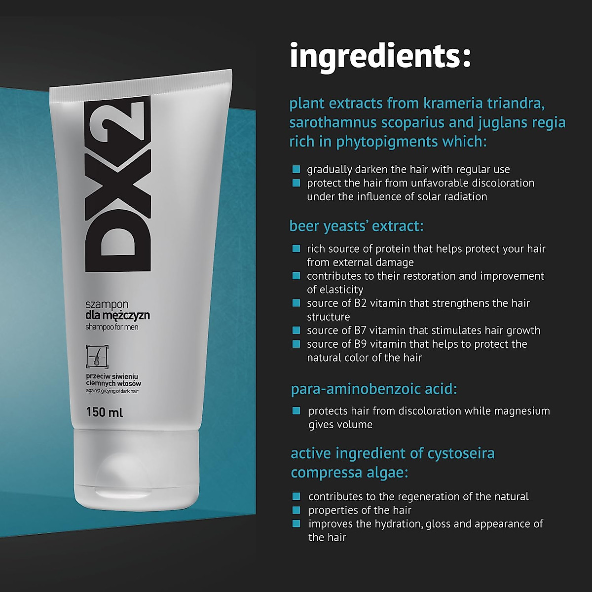 DX2 - Prevent Grey Hair Shampoo for Men - Gradual Dark Color Restoration, Daily Care to Protect Follicle Pigmentation - 150ml