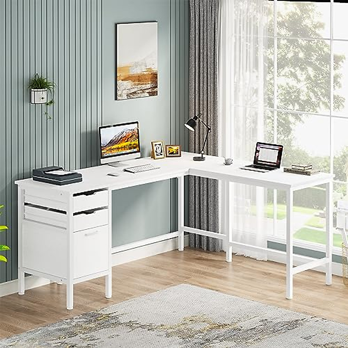 Tribesigns L Shaped Desk with File Drawer Cabinet, 59 Inch Corner Desk L Shaped Computer Desk with Drawers, PC Table Writing Desk for Home Office, White