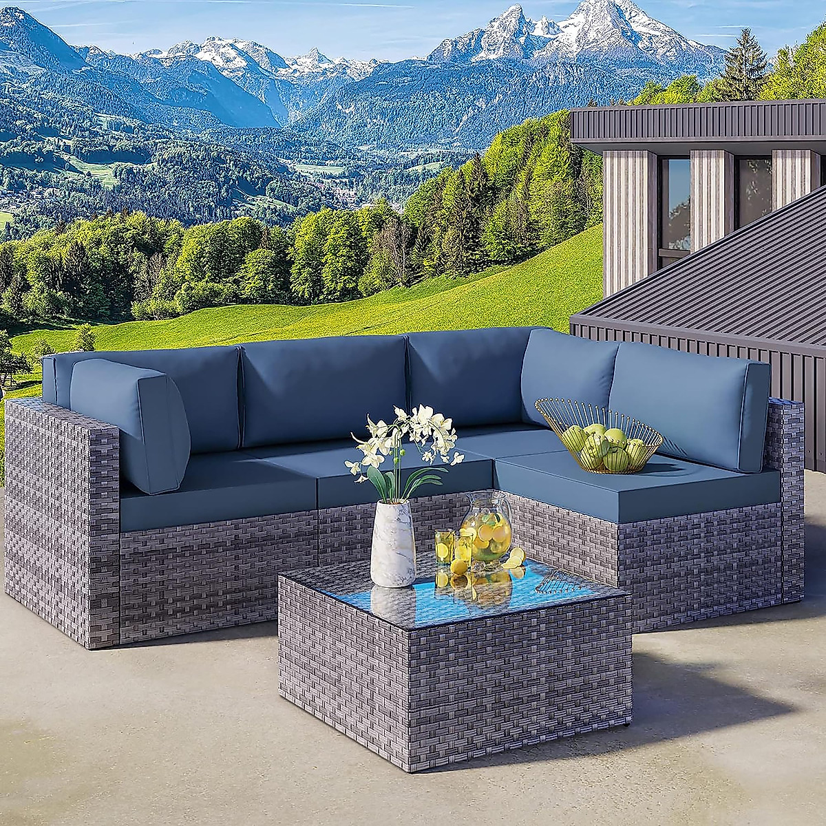 Walsunny Patio Furniture Set, 5 Pieces Outdoor Sectional Sofa Wicker Conversation Sets with Tea Table and Patio Couch Cushions(Aegean Blue)