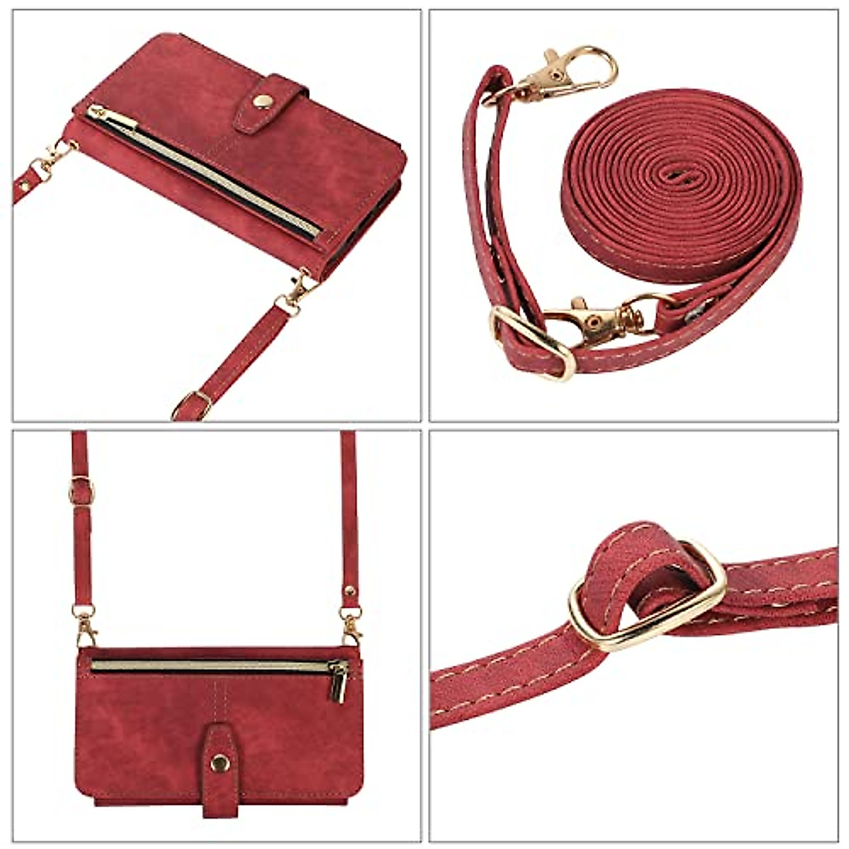 UEEBAI Crossbody Wallet Case for iPhone 13/iPhone 14 6.1 inch, 9 Card Slots Adjustable Crossbody Zipper Cover Detachable Lanyard Strap Flip Case with Hand Strap Kickstand Case - Red Wine