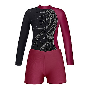 FEESHOW Girls 2Pcs Glitter Long Sleeve Leotards with Shorts Outfits Athletic Unitards Gymnastics Dancewear Clothes Red_A 14 Years