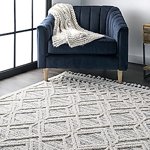 nuLOOM 4x6 Ansley Moroccan Tassel Area Rug, Light Grey, High-Low Textured Bohemian Design, Plush High Pile, Stain Resistant, For Bedroom, Living Room, Hallway, Entryway