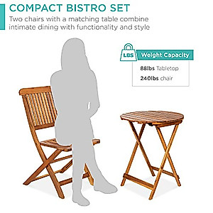 Best Choice Products 3-Piece Acacia Wood Bistro Set, Folding Patio Furniture for Backyard, Balcony, Deck w/ 2 Chairs, Round Coffee Table, Teak Finish - Natural