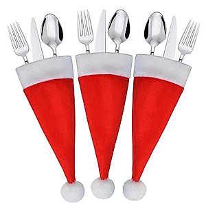 Marrywindix 50 Pieces Christmas Santa Hats Silverware Holders, Christmas Cutlery Holders for Xmas Party Dinner Utensil and Flatware Organizers Decorations Supplies