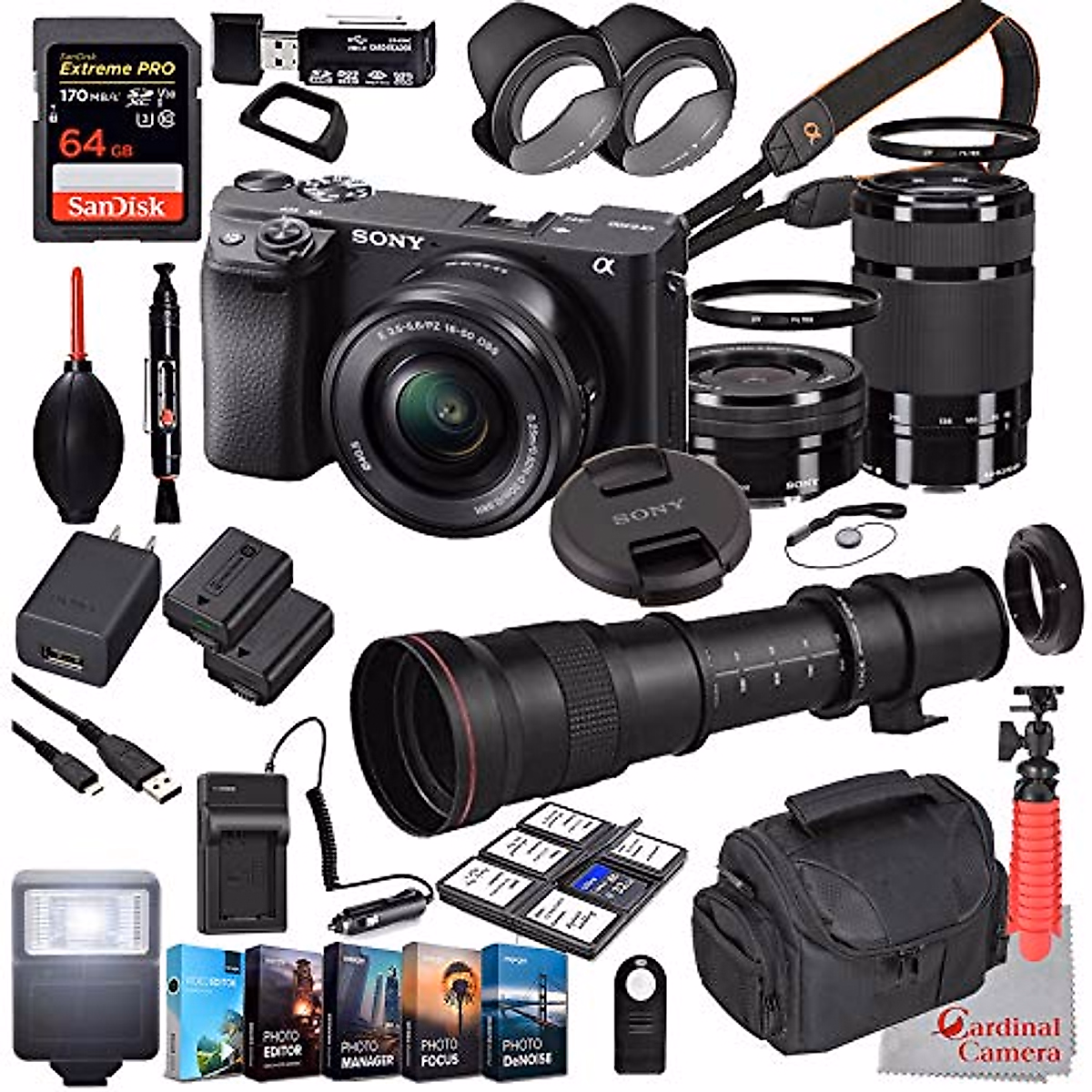 Sony Alpha a6400 Mirrorless Camera with 16-50mm and 55-210mm Lenses Bundle + Extreme Speed 64GB Memory + T-Mount 420-800mm Telephoto Zoom Lens (33 Items)