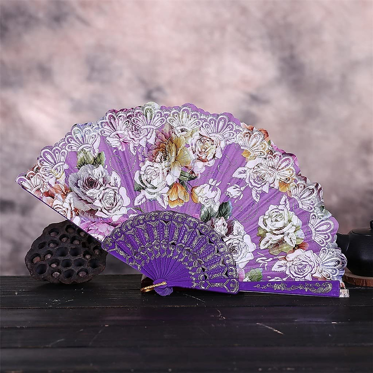 DUO ER 2pcs Folding Held Fans Pattern Dance Wedding Party Lace Folding Hand Held Flower Fans Hand Held Fan (Color : Purple)