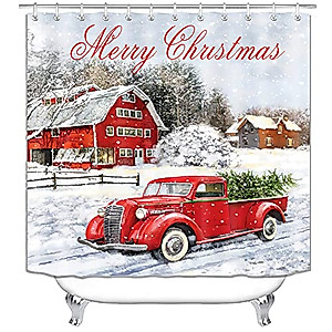 DOLASEV Christmas Shower Curtain, Red Truck Christmas Shower Curtains for Bathroom, Farmhouse Christmas Shower Curtain (Red Truck)