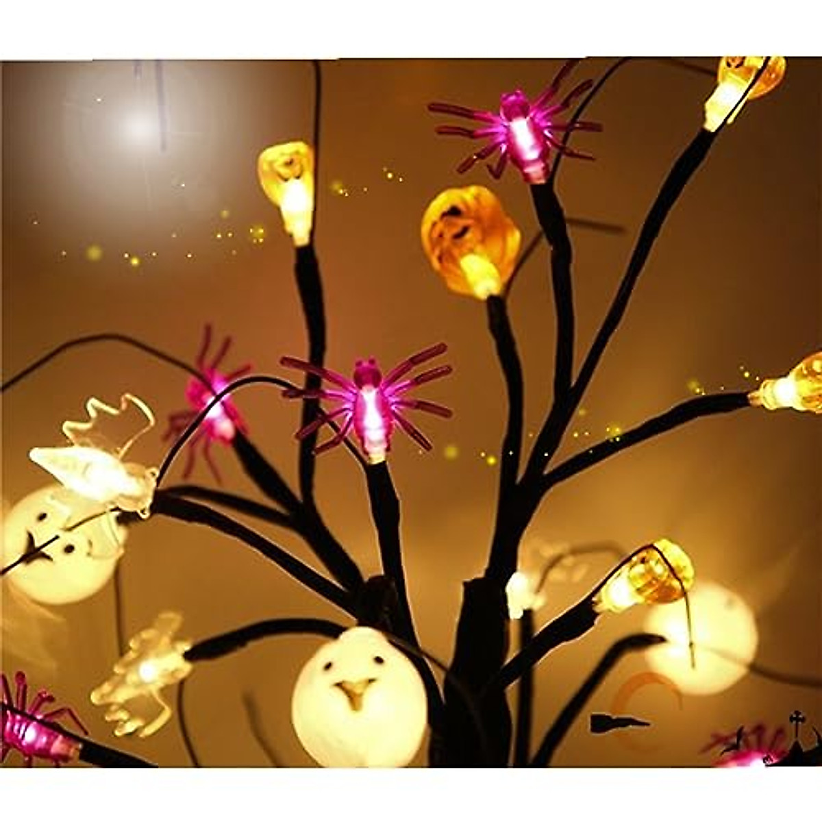 WUYJTIF 1.5FT Black Halloween Tree Lights with 24 Decorated Ghost/Pumpkin/Spider Lights, Timer/Battery Powered Halloween Decorations Indoor Outdoor Suitable for Home, Table, Mantle, Party Decorations