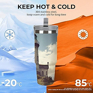BWQJKUO Large Capacity Car Cup 30 Oz Stainless Steel Old Lighthouse Printed Travel Mug Leak-proof Flip Straw Tumbler with Handle,keeps Cold Or Ho
