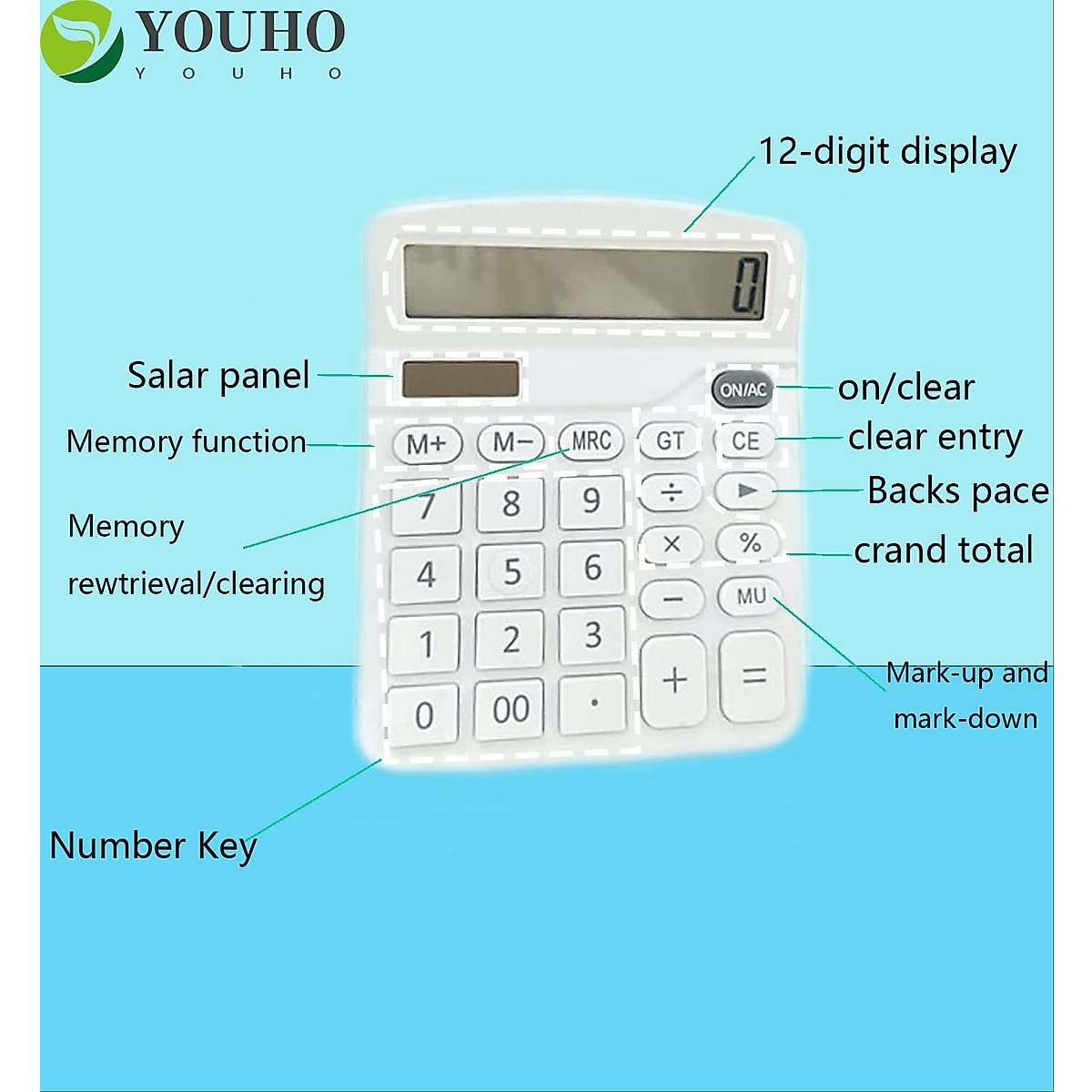 YOUHO Calculator, 12-bit Solar Battery Dual Power Standard Function Electronic Calculator with Large LCD Display Office Calculator White