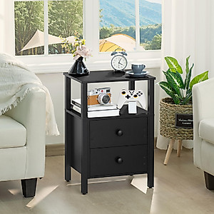 Lerliuo Black Night Stand, Small Nightstand with 2 Wood Drawers and Storage Shelf, Mid Century Modern Bedside Table with Wooden Frame, Rustic Bed Side Tables for Small Spaces, Nightstands for Bedroom