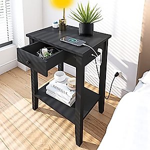 OTEKAY Nightstand with Charging Station, Wooden End Table with USB Ports and AC Power Outlets, Bed Side Table Night Stand with Drawer and Shelf for Storage - Black