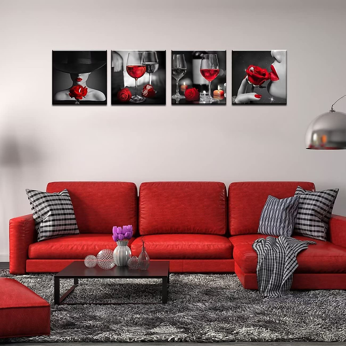 Adbykgto Red Rose Wine Glasses Wall Art Canvas Decor 12x12 4 Pieces Framed for Bedroom Decor Modern Red and Black Rose Women with Hat Painting Kitchen Pictures Home Decor