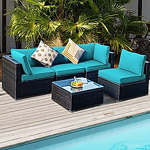 HAPPYGRILL 5PCS Patio Furniture Set Outdoor Rattan Wicker Sofa Set with Coffee Table Sectional Sofa Conversation Set with Pillows Cushions for Backyard Porch Garden Poolside