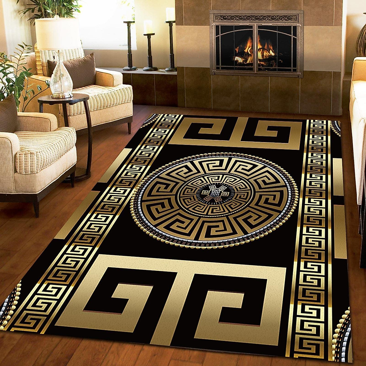 Retro Black Gold Greek Key Area Rugs, 3D Geometric Print Carpet, Indoor Non-Slip Kids Rugs, Machine Washable Breathable Durable Carpet for Front Entrance Floor Decor,2 x 3ft