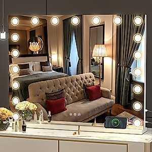 Hasipu Vanity Mirror with Lights, 40" x 32" Makeup Mirror, Light up Mirror with 19 Dimmable LED Lights and 10X Magnification, 3 Colors Modes, Touch Control, USB Charging Port, White